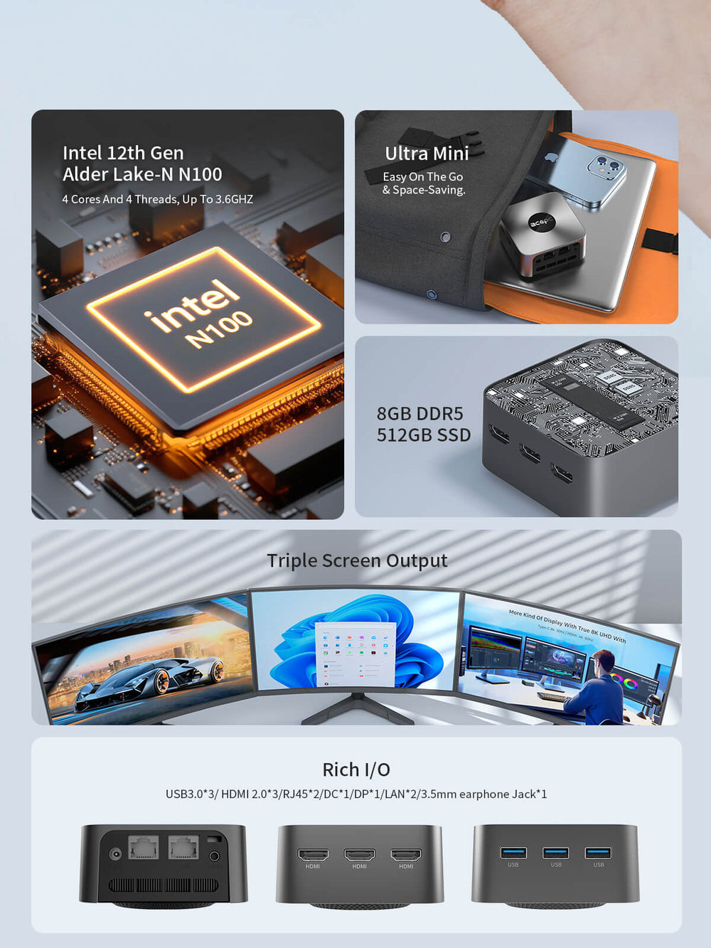 PicoBox Mini Intel N100 Mini PC 8G RAM 512G M.2 SSD - Acepc